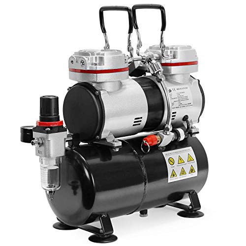 PointZero 1/3 HP Double Piston Airbrush Compressor with Air Tank, Regulator, Gauge and Water Trap - Quiet Professional Pump Black