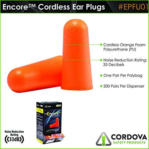 Cordova EPFU01 Encore Orange Foam Pu Ear Plugs, Uncorded, Nrr 33 Db, 200-Pack