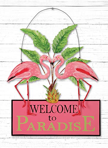 Sunset Vista Designs Kathy Hatch Pretty in Pink Flamingo Welcome to Paradise Sign, 14 by 10-Inch