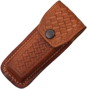 damask hut sheath folding knife sheath, brown leather w/embossed basketweave, 4.5-5.25i...