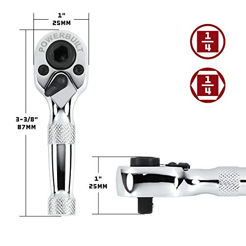 Powerbuilt Stubby Ratchet, Mini 1/4 Inch Ratchet Wrench, Reversible 72 Tooth, Tight Spaces, Quick Release - 940478