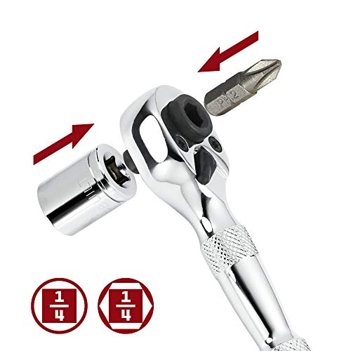 Powerbuilt Stubby Ratchet, Mini 1/4 Inch Ratchet Wrench, Reversible 72 Tooth, Tight Spaces, Quick Release - 940478