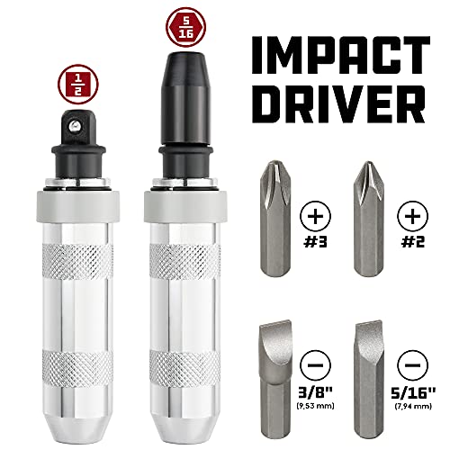 Powerbuilt 1/2 Inch Drive Impact Driver Set Extractor Tool, Slotted or Phillips Screwdriver Bits, Remove Rusted, Damaged Screws - 648002