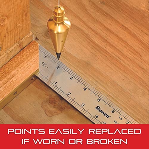 Starrett Solid Brass Corrosion-Resistant Plumb Bob with 10 Feet Nylon Cord and Replaceable, Hardened Steel Points for Reliable Accuracy - 8oz Weight - PBB-8