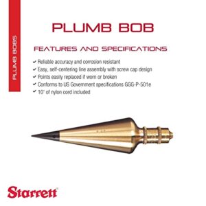 Starrett Solid Brass Corrosion-Resistant Plumb Bob with 10 Feet Nylon Cord and Replaceable, Hardened Steel Points for Reliable Accuracy - 8oz Weight - PBB-8