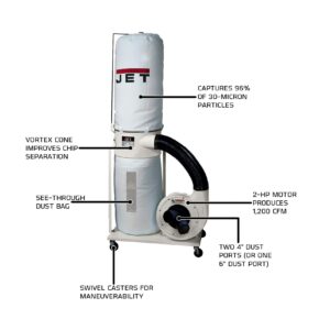 JET DC-1200VX-BK1 Vortex Cone Dust Collector, 30-Micron Bag Filter, 1200 CFM, 1Ph 230V (710701K)