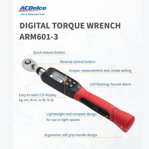 ACDelco ARM601-3 3/8” (3.7 to 37 ft-lbs.) Digital Torque Wrench with Buzzer and LED Flash Notification – ISO 6789 Standards with Certificate of Calibration