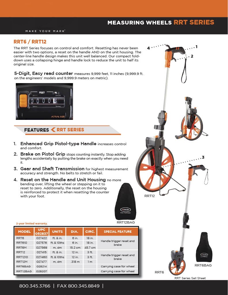 Keson RRT12 Top Reading Center Line Measuring Wheel with Handle Brake and Reset (Graduations: ft. & in.), 3-Foot