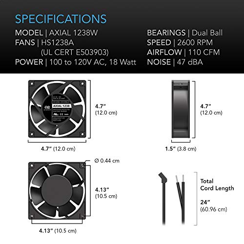 AC Infinity AXIAL 1238W, Muffin Fan, 120V AC 120mm x 38mm High Speed, UL-Certified for DIY Cooling Ventilation Exhaust Projects