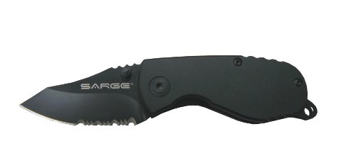 Sarge Knives SK-800 Compact Tactical Folder Knife with 2-1/2-Inch Partially Serrated Stainless Blade and 6061 Aircraft Black Handle, Black