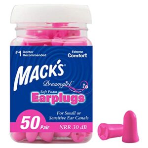 mack's dreamgirl soft foam earplugs, 50 pair, pink - small ear plugs for sleeping, snoring, studying, loud events, traveling & concerts