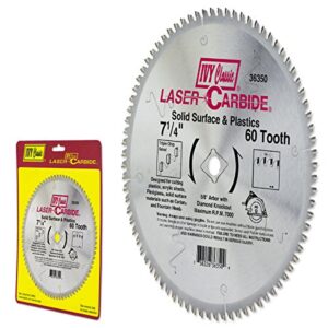 ivy classic 36350 laser carbide 7-1/4-inch 60 tooth solid surface and plastic cutting circular saw blade with 5/8-inch diamond knockout arbor, 1/card