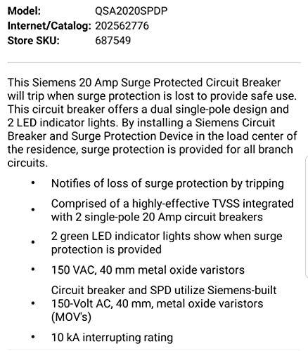 QSA2020SPDP, SIEMENS, 40892280784, SURGE (2)20A 1P 120V BREAKERS AND SPD