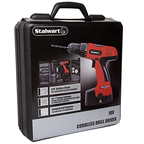 Stalwart - 75-CD91 Cordless Drill Set- 89 Piece Kit, 18-Volt Power Tool with Bits, Sockets, Drivers, Battery Charger with AC Adapter, and Carrying Case by Red