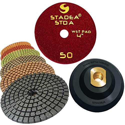 STADEA Premium Grade Wet 4" Diamond Polishing Pads Set + Rubber Backer For GRANITE MARBLE STONE