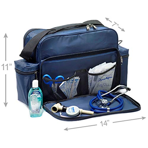 Hopkins Medical Products Original Home Health Shoulder Bag, 70D Waterproof Nylon, Fold-Down Compartment, Adjustable Straps, 14x11x7 inch, Navy Blue