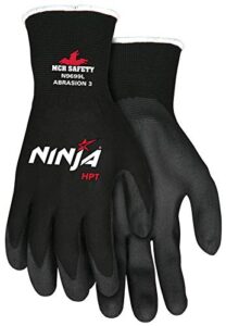 mcr safety ninja hpt n9699xl work gloves, 15 gauge nylon shell, hydropellent technolgy(hpt) water repellent coated palm & fingertips, x-large, black