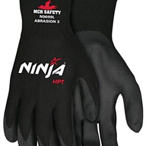 MCR Safety Ninja HPT N9699XL Work Gloves, 15 Gauge Nylon Shell, Hydropellent Technolgy(HPT) Water Repellent Coated Palm & Fingertips, X-Large, black