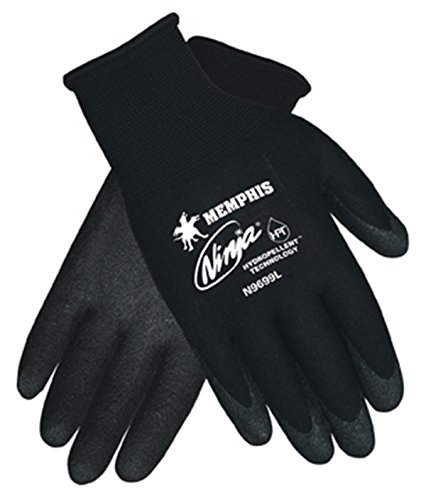 MCR Safety Ninja HPT N9699XL Work Gloves, 15 Gauge Nylon Shell, Hydropellent Technolgy(HPT) Water Repellent Coated Palm & Fingertips, X-Large, black