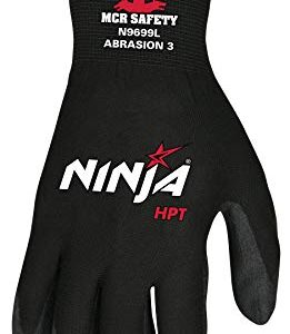 MCR Safety Ninja HPT N9699XL Work Gloves, 15 Gauge Nylon Shell, Hydropellent Technolgy(HPT) Water Repellent Coated Palm & Fingertips, X-Large, black