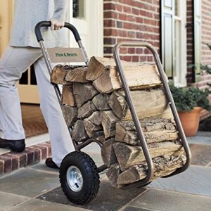 Plow & Hearth Indoor Outdoor Rolling Firewood Log Cart| Wood Rack and Carrier with Pneumatic Wheels| Heavy-Duty| Rolls Up and Down Stairs| All-Terrain| 20" W x 22" D x 42" H