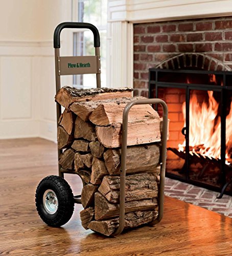 Plow & Hearth Indoor Outdoor Rolling Firewood Log Cart| Wood Rack and Carrier with Pneumatic Wheels| Heavy-Duty| Rolls Up and Down Stairs| All-Terrain| 20" W x 22" D x 42" H