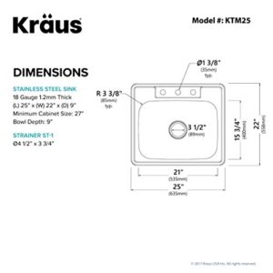 Kraus KTM25 25 inch Topmount Single Bowl 18 gauge Stainless Steel Kitchen Sink