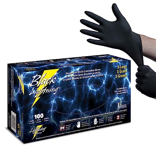 Atlantic Safety Products Black Lightning Exam Gloves, Disposable, Powder-Free Nitrile Gloves, Black, Extra Large, 100-Ct