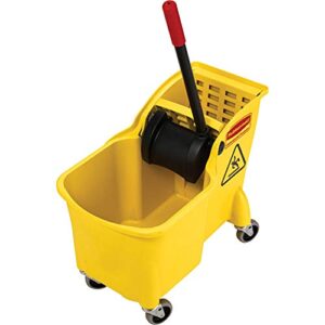 rubbermaid commercial products, mop bucket with wringer on wheels, heavy duty all-in-one tandem mopping bucket, yellow, 31 quart (fg738000yel)