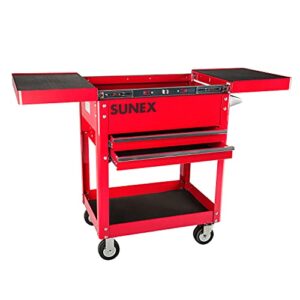 sunex 8035r red compact slide utility cart, locking slide top, swivel/locking casters, 18 gauge steel, latching drawers, 450-pound capacity