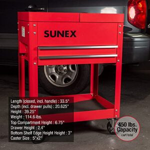 Sunex 8035R Red Compact Slide Utility Cart, Locking Slide Top, Swivel/Locking Casters, 18 Gauge Steel, Latching Drawers, 450-Pound Capacity