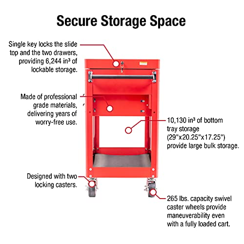 Sunex 8035R Red Compact Slide Utility Cart, Locking Slide Top, Swivel/Locking Casters, 18 Gauge Steel, Latching Drawers, 450-Pound Capacity