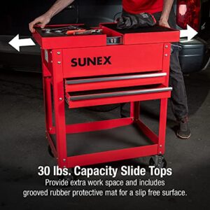 Sunex 8035R Red Compact Slide Utility Cart, Locking Slide Top, Swivel/Locking Casters, 18 Gauge Steel, Latching Drawers, 450-Pound Capacity