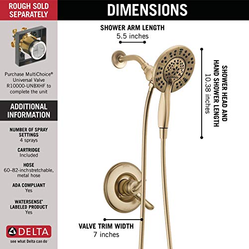 Delta Faucet Linden 17 Series Dual-Function Shower Faucet, Shower Trim Kit with 4-Spray In2ition 2-in-1 Dual Hand Held Shower Head with Hose, Champagne Bronze T17294-CZ-I (Valve Not Included)