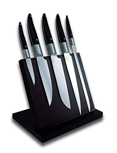 Laguiole Evolution Expression Stainless Steel Kitchen Knife Block Set with Paring Knife, Santoku Knife, Kitchen Knife, Chefs Knife, Ham/Brisket Slicing Knife, Set of 5, Black