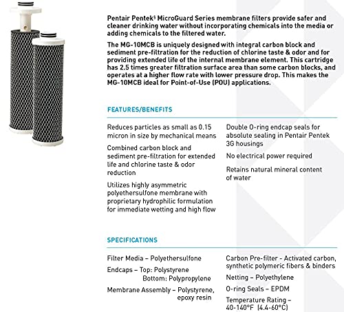 Pentair Pentek MG-10MCB MicroGuard Water Filter, 10-Inch, Under Sink Polyethersulfone Membrane Replacement Cartridge with Integral Carbon Block and Sediment Pre-Filtration, 10" x 2.5", 0.15 Micron