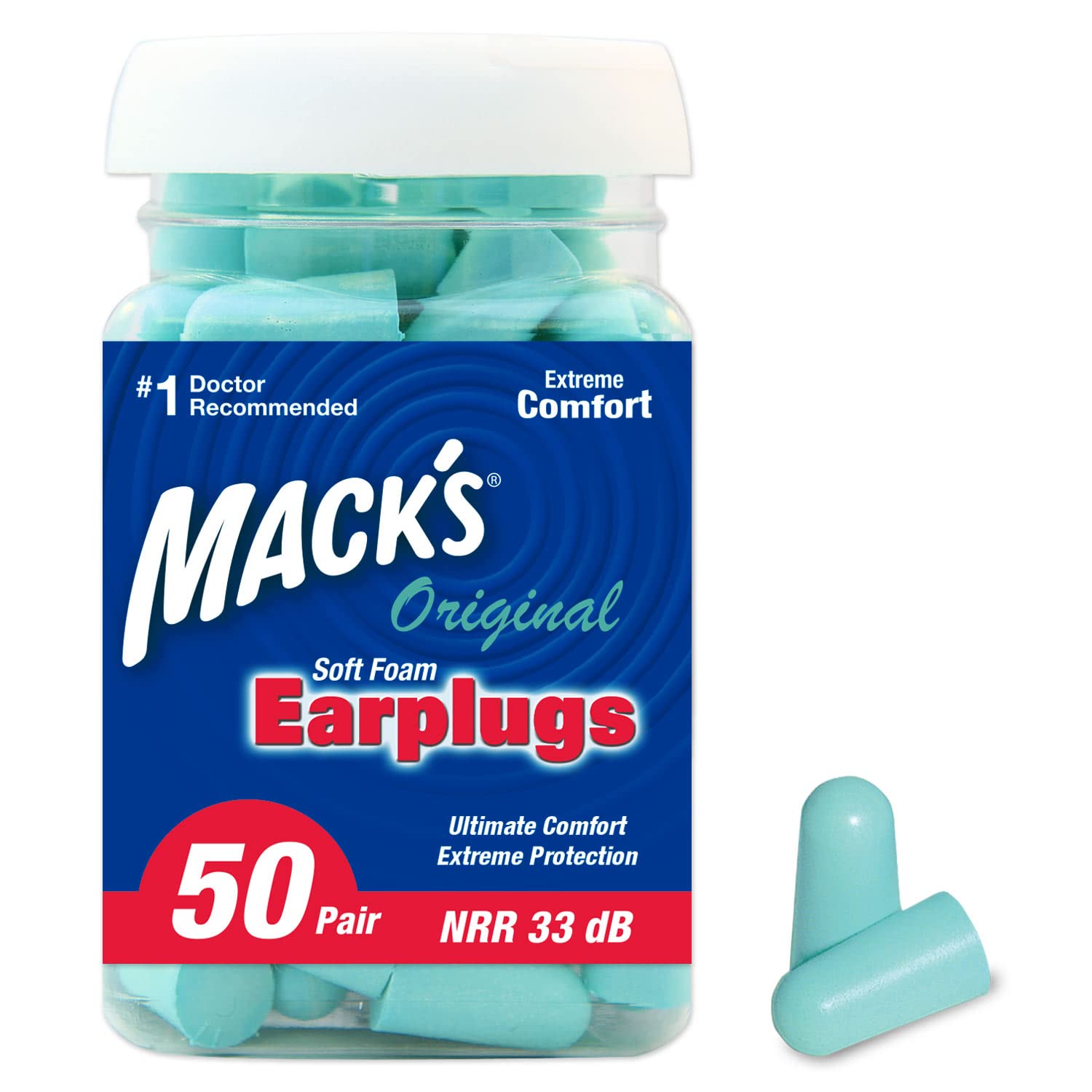 Mack's Original Soft Foam Earplugs, 50 Pair - 33dB Highest NRR, Comfortable Ear Plugs for Sleeping, Snoring, Work, Travel & Loud Events | Made in USA