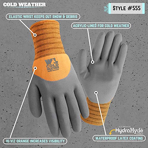 Men's HydraHyde Cold Weather Work Gloves, Water-Resistant Latex Coating, X-Large (Wells Lamont 555XL),Grey, Red/Orange