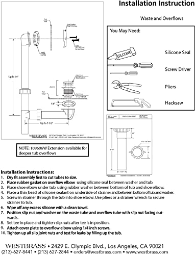 Westbrass 593244-26 White 1-1/2" Tubular Tip Toe Bath Waste Drain Kit, Polished Chrome