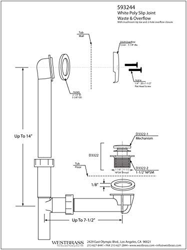 Westbrass 593244-62 White 1-1/2" Tubular Tip Toe Bath Waste Drain Kit, Matte Black, 1 Pack