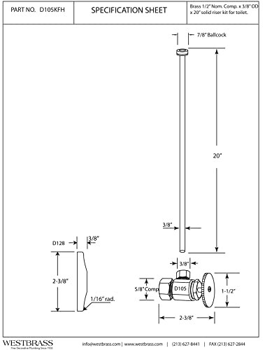 Westbrass D105KFH-62 5/8" x 3/8" OD x 20" Flat Head Riser Supply Line Kit with Round Handle Angle Supply Shut Off Valve for Toilet, Matte Black