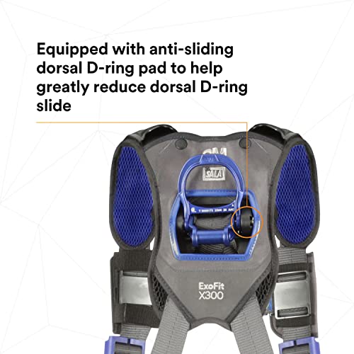 3M 1113127 DBI-SALA ExoFit X300 Comfort Construction Positioning Safety Harness, Construction Fall Protection, Aluminum Back and Hip D-Rings, Auto-Locking Quick Connect Leg and Chest Buckles, Large