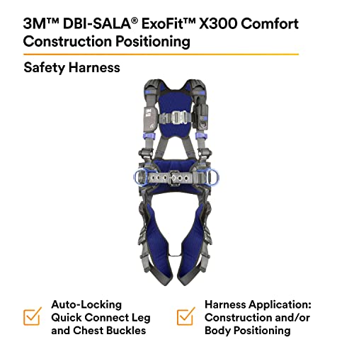 3M 1113127 DBI-SALA ExoFit X300 Comfort Construction Positioning Safety Harness, Construction Fall Protection, Aluminum Back and Hip D-Rings, Auto-Locking Quick Connect Leg and Chest Buckles, Large