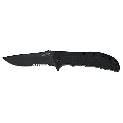 Kershaw Volt II Black Serrated Pocketknife, 3.25" 8Cr13MoV Steel Drop Point Blade, assisted opening Folding EDC, Liner Lock System