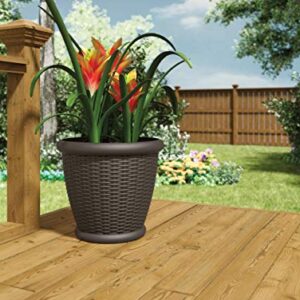 Suncast Willow 18 Inch Diameter Resin Decorative Wicker Patio Planter Pot, Java