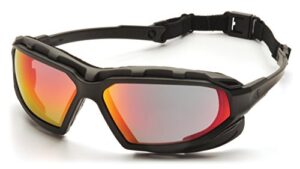 pyramex safety highlander xp eyewear, black-gray frame/sky red mirror anti-fog lens