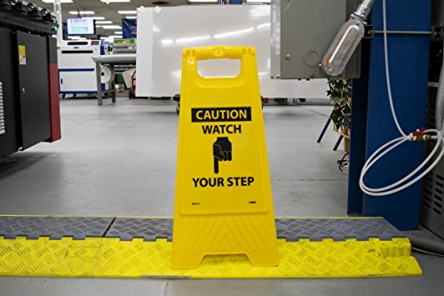 NMC HDFS213 CAUTION-WATCH YOUR STEP Sign with Graphic– 10.75 in. x 24.63 in. Heavy-Duty Plastic, Double-Sided Floor Sign with Black on Yellow