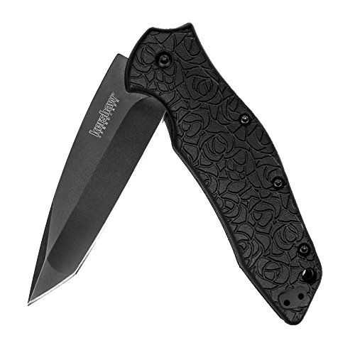 Kershaw Kuro Tanto Black Serrated Pocket Knife, 3.1” Steel Blade with Assisted Opening, Glass-Filled Nylon Handle with Deep-Carry Pocketclip, Small Folding Knife