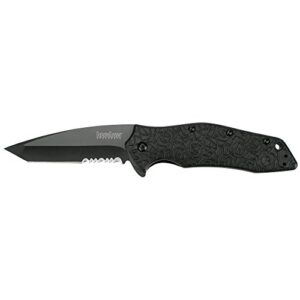 Kershaw Kuro Tanto Black Serrated Pocket Knife, 3.1” Steel Blade with Assisted Opening, Glass-Filled Nylon Handle with Deep-Carry Pocketclip, Small Folding Knife