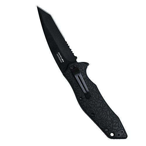 Kershaw Kuro Tanto Black Serrated Pocket Knife, 3.1” Steel Blade with Assisted Opening, Glass-Filled Nylon Handle with Deep-Carry Pocketclip, Small Folding Knife